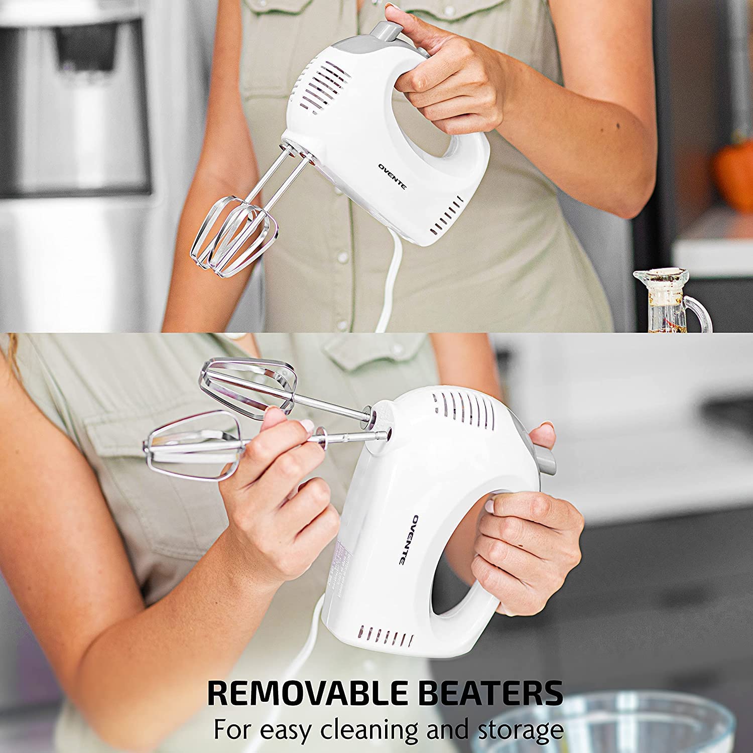 Ovente Portable 5 Speed Mixing Electric Hand Mixer with Stainless Steel Whisk Beater Attachments & Snap Storage Case, Compact Lightweight 150 Watt Powerful Blender for Baking & Cooking, White HM151W