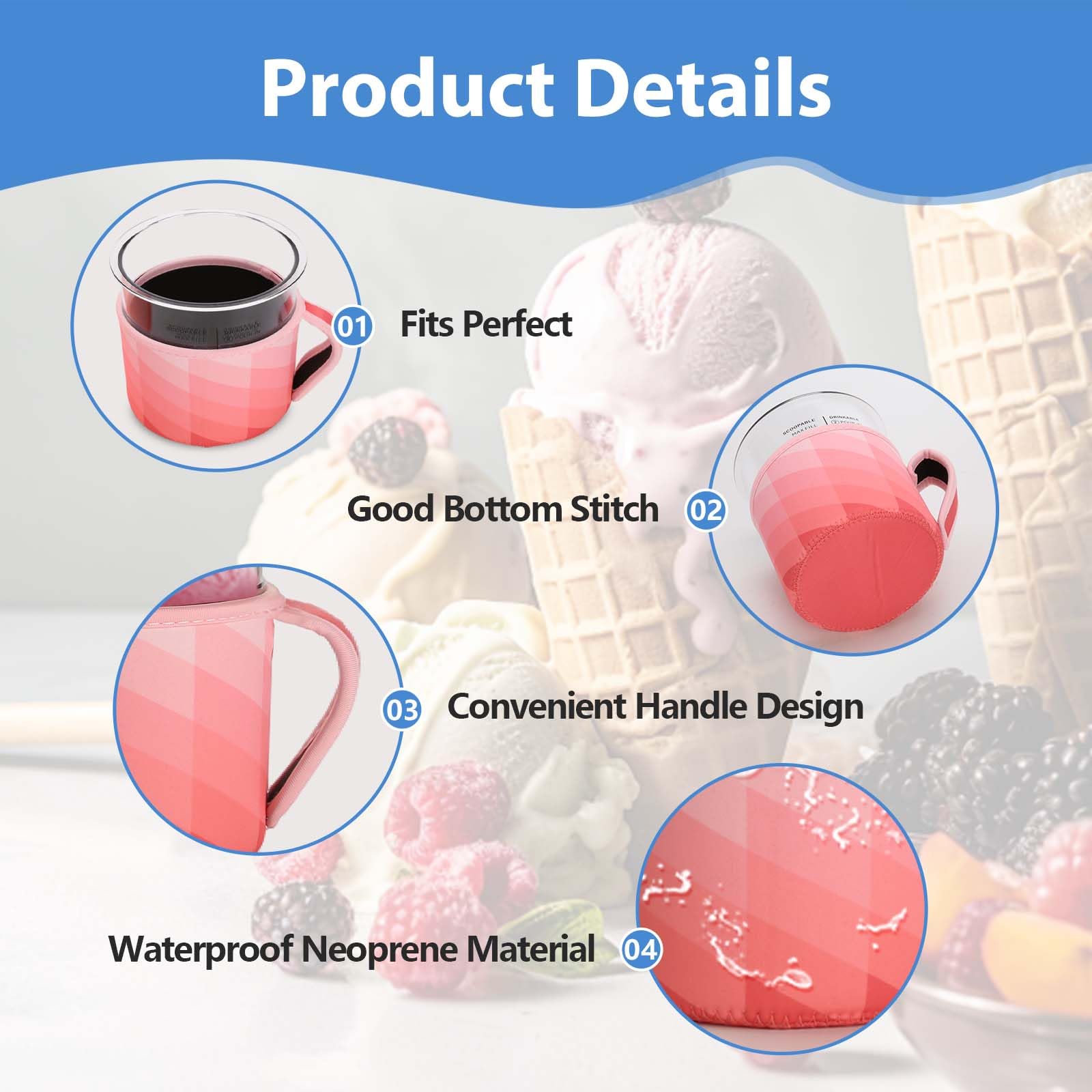 OVRRCSME Deluxe Ice Cream Pints Neoprene Sleeves 4 Pack,Compatible with Ninja Creami NC501 NC500 Series 24oz Ice Cream Maker Containers (24oz 4 Cups+4 Sleeve)