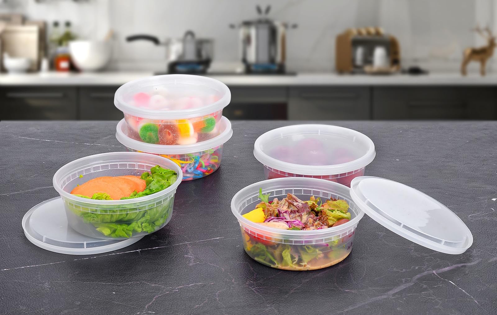 EDI [8 OZ (20 Sets), 16 OZ (20 Sets) and 32 OZ (10 Sets) Plastic Deli Food Storage Containers with Airtight Lids, Bundle