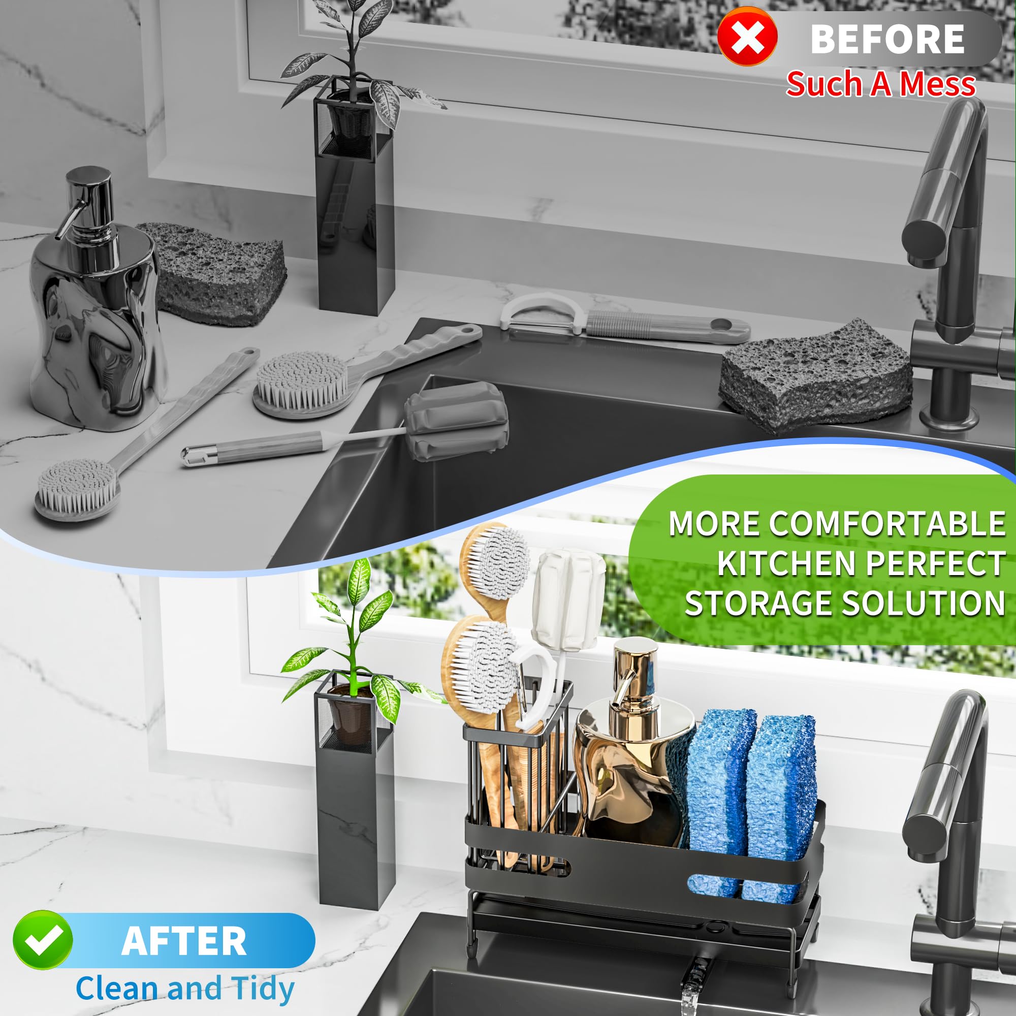 galasily Kitchen Sink Caddy Sponge Holder for Kitchen Sink with Brush Holder and Stainless Steel Self Drain Tray, Rustproof Kitchen Sink Organizer for Sponge, Kitchen Accessories (Black, Large)