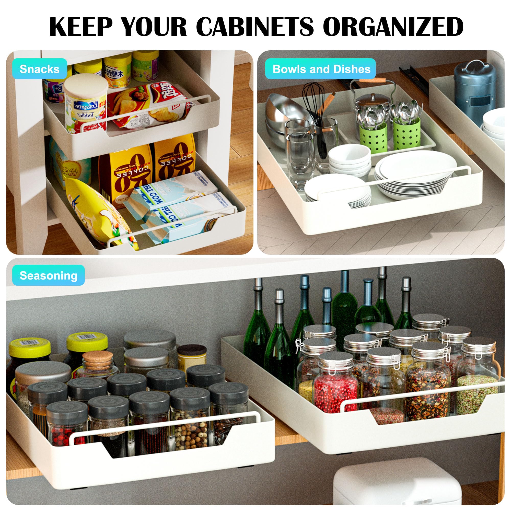 Jolitac 1 Pack Pull Out Cabinet Organizer with Adhesive Nano Film Heavy Duty Storage and Organization Slide Out Pantry Shelves for Kitchen, Bathroom and Living Room (9.8" Wide-16.9" Deep)