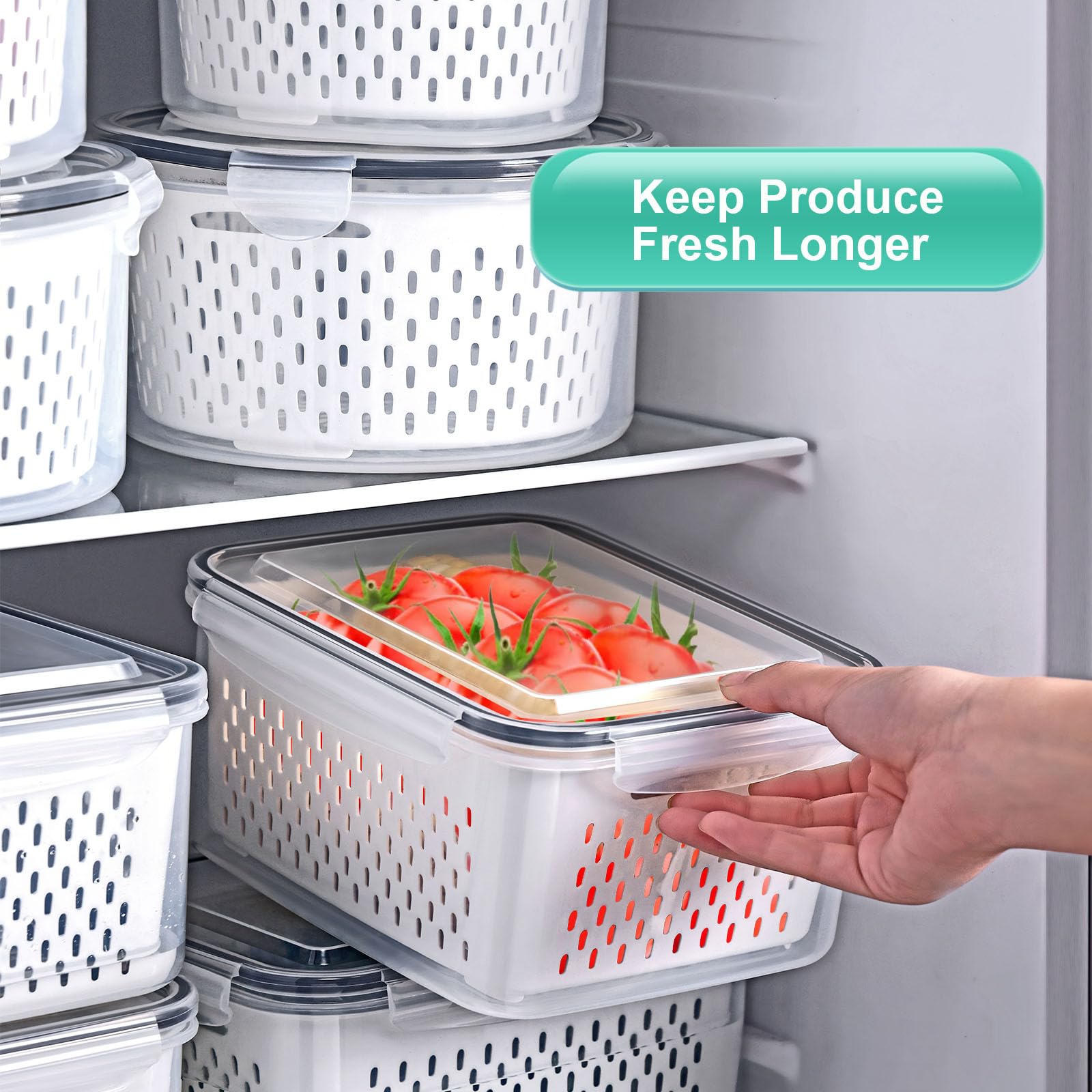 4 PCS Fruit Storage Containers for Fridge with Removable Colander,Airtight Leakproof Food Storage Container,Dishwasher Safe Produce Saver Container for Refrigerator,Keep Fruits Vegetables Fresh Longer