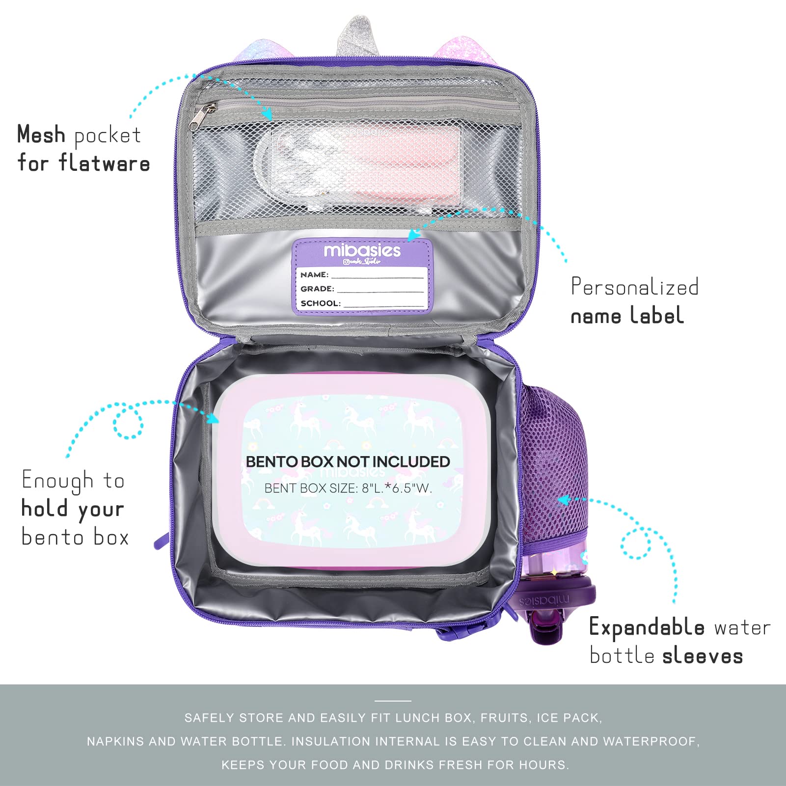 mibasies Kids Insulated Lunch Box for Girls Rainbow Unicorn Bag