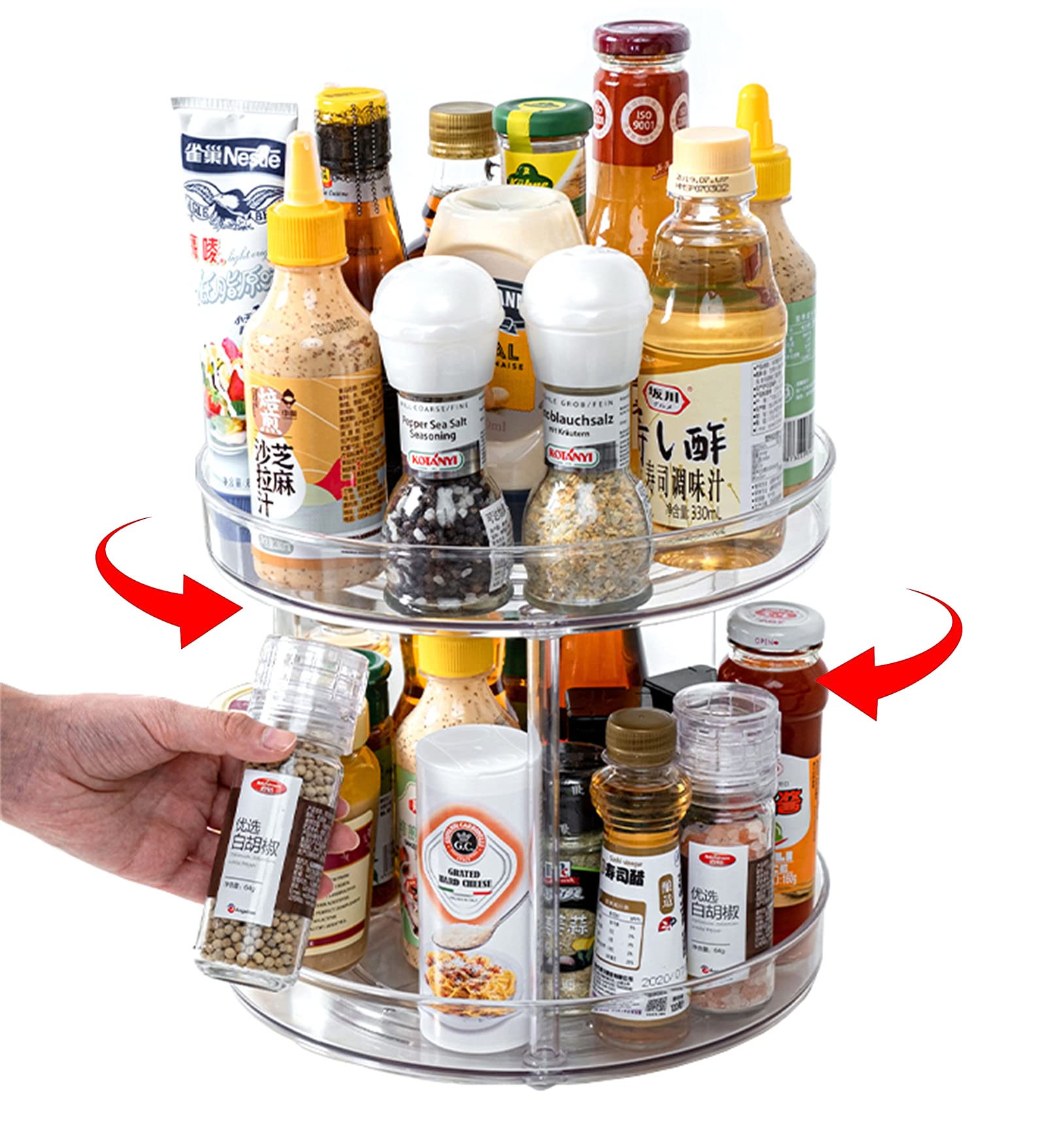 Amasses 2 Tier Clear Lazy Susan Organizer, 360 Degree Rotating Round Lazy Susan Turntable 9" Non-Skid Rotating Organization Storage Container for Kitchen, Cabinet, Pantry