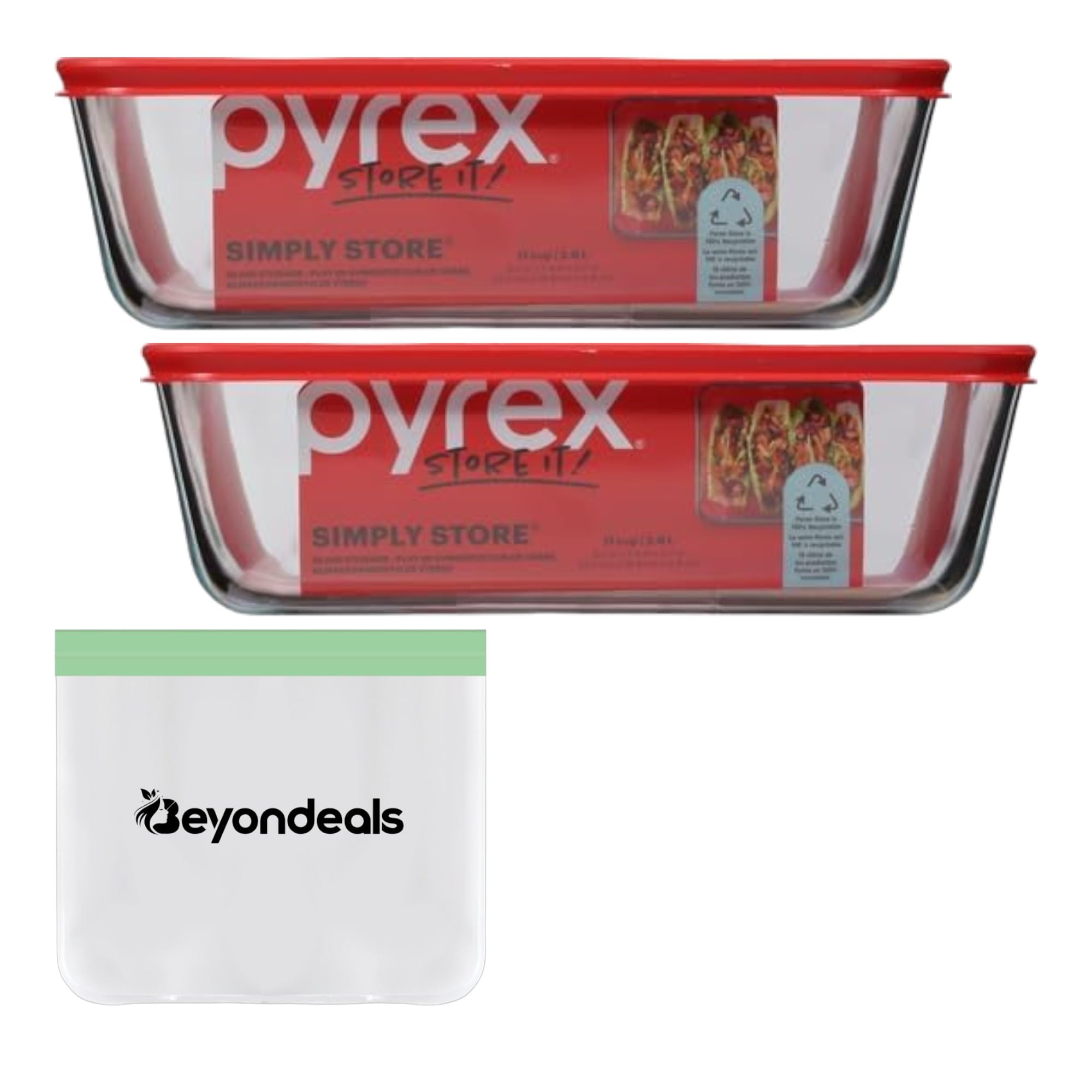 Beyondeals Simply Store 11-Cup Rectangular Glass Food Storage Dish,1.9 Pounds, Bundle Reusable Food Storage Bag -, Leakproof Lids, Kitchen Organization,Glass Storage Dishes [Pack Of 2]