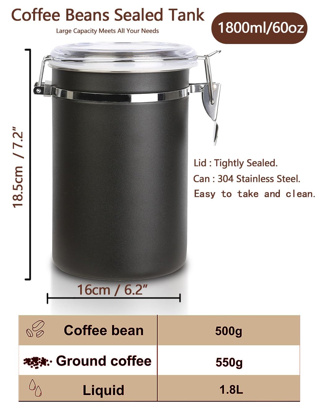Walktosun Airtight Coffee Canister with Clear Lids, Large Container for Ground Coffee 1.8L/62 floz Stainless Steel Storage Container Jar for Coffee Bean, Cereal, tea, Flour, Sugar (Dark Black)