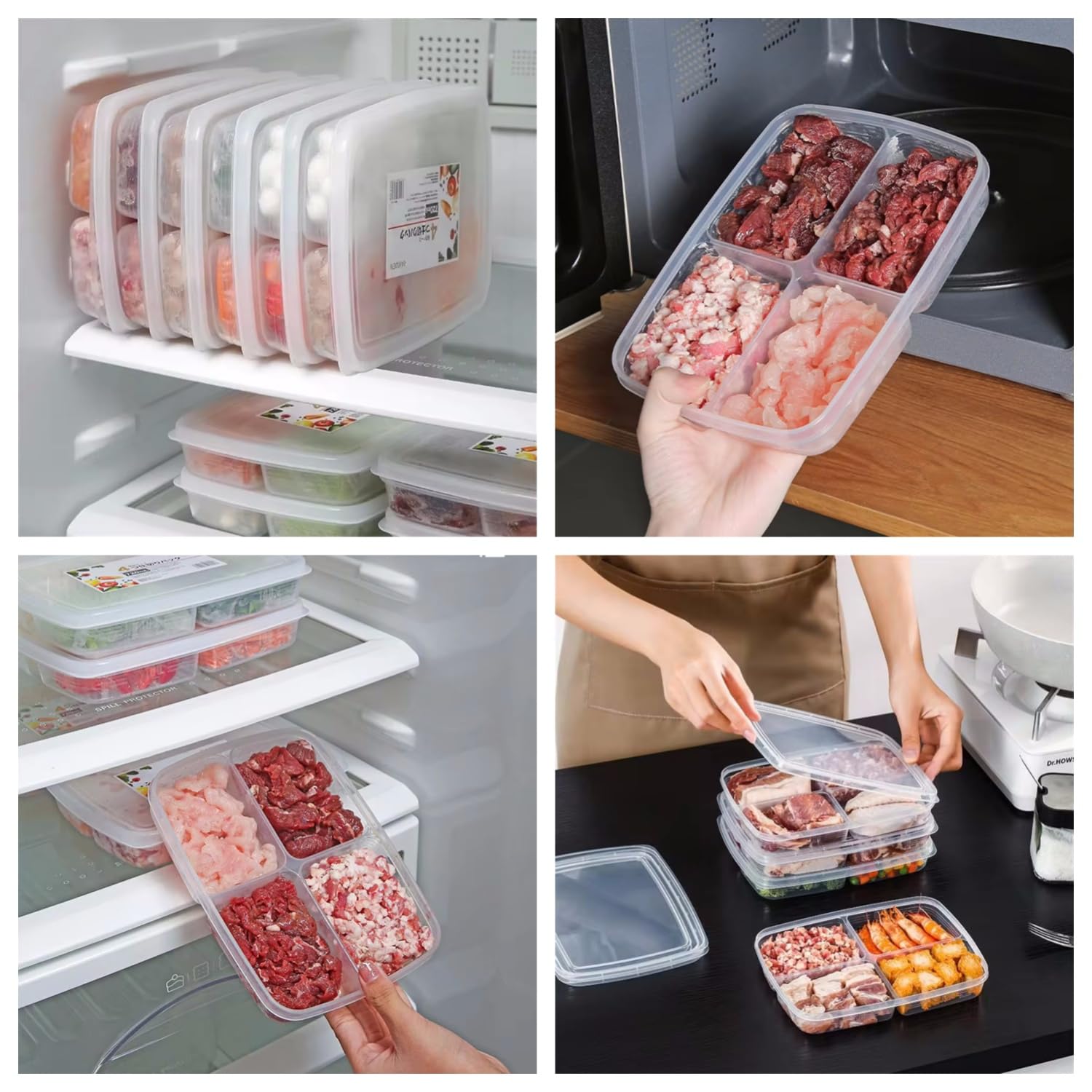 RHBLME 8 Pack Divided Food Storage Containers, Reusable 4 Compartment Food Container Food Storage Containers with lids, Multi Compartment Food Container for Storing Vegetables Meat Fish Fruits