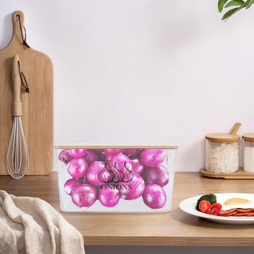 Xbopetda Onion Storage, Onion Keeper with Bamboo Lid, Transparent Acrylic Onion Storage Bin, Pantry Storage and Organization, Potato Onion Garlic Organizer Container for Kitchen Countertop - Clear