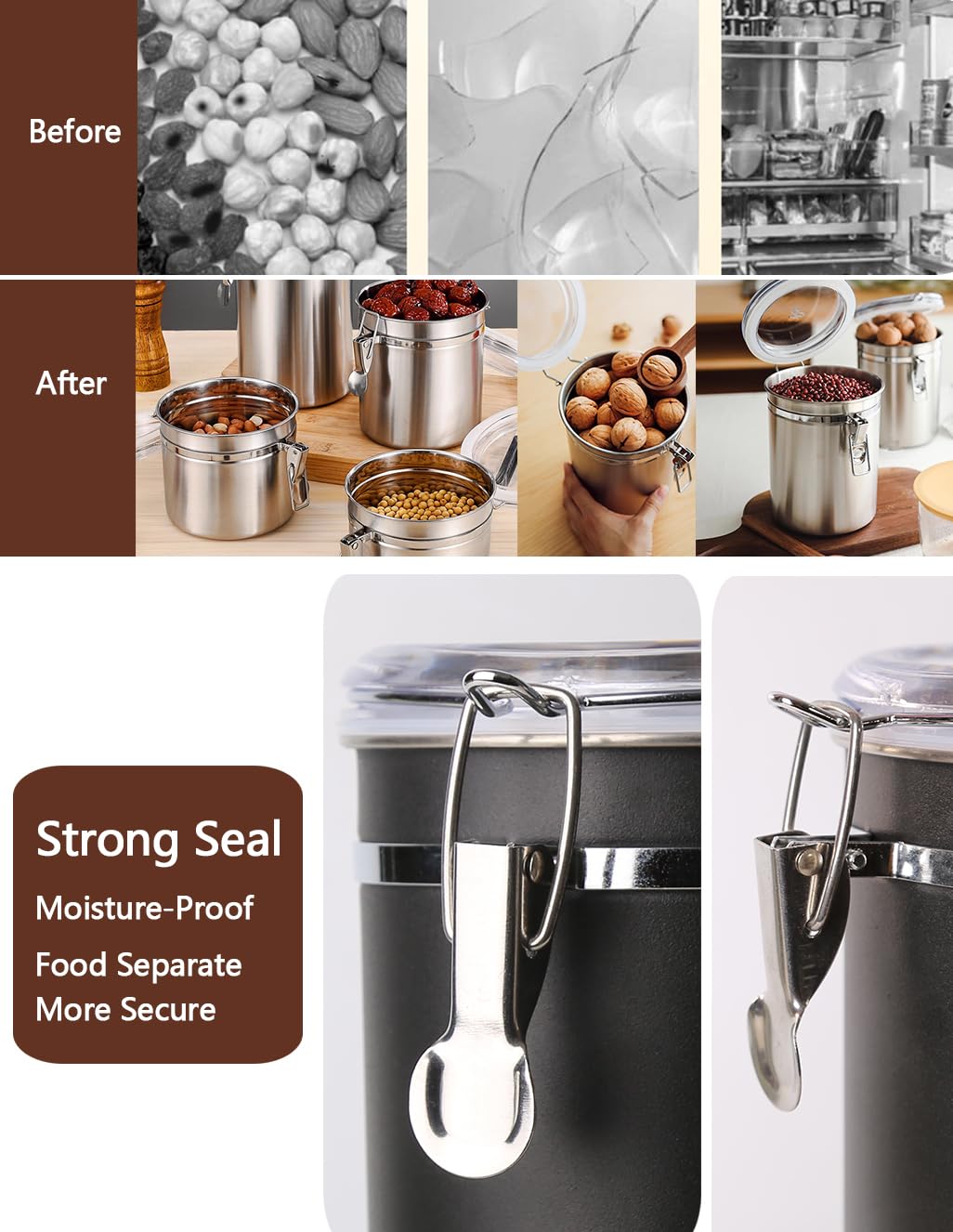 Walktosun Airtight Coffee Canister with Clear Lids, Large Container for Ground Coffee 1.8L/62 floz Stainless Steel Storage Container Jar for Coffee Bean, Cereal, tea, Flour, Sugar (Dark Black)