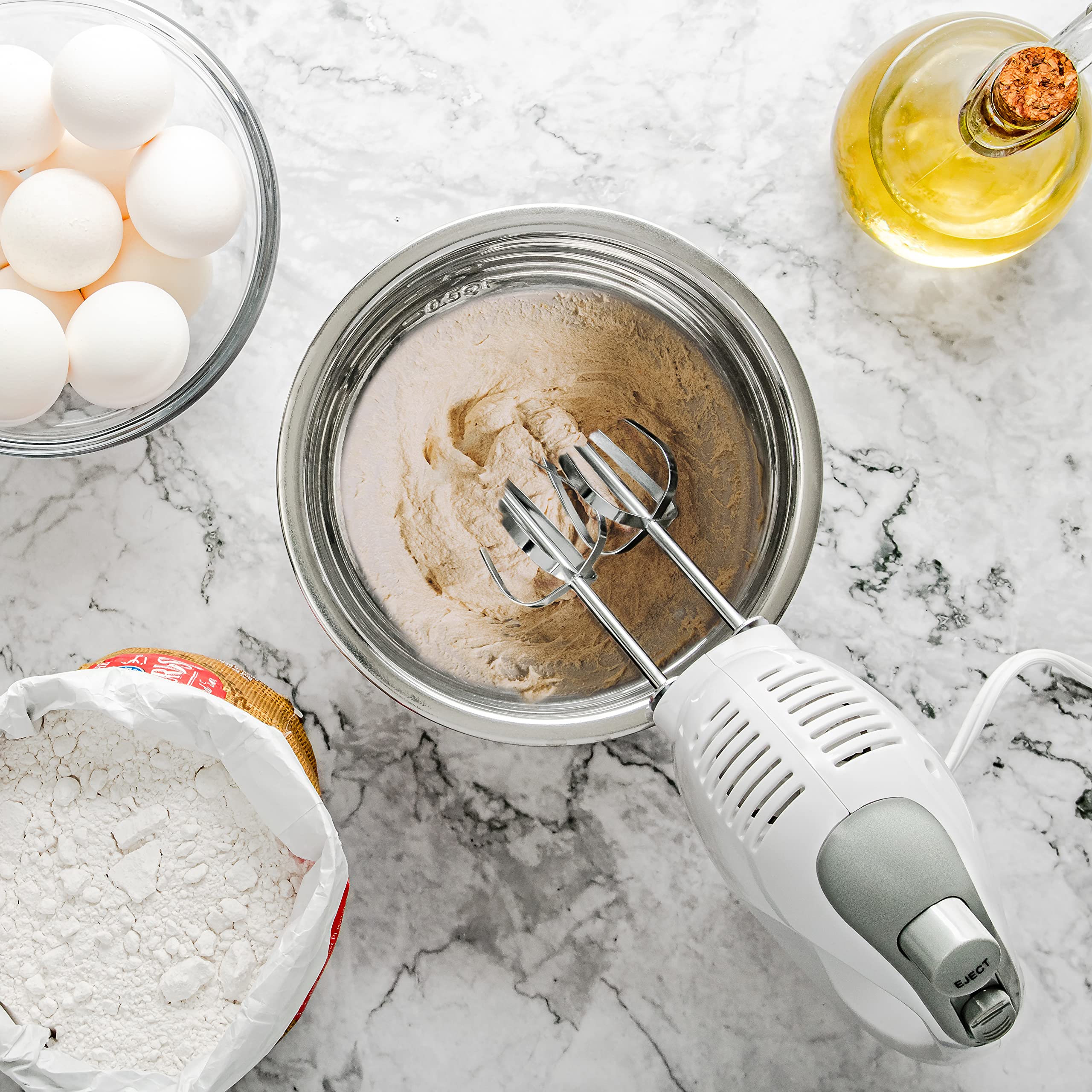 Ovente Portable 5 Speed Mixing Electric Hand Mixer with Stainless Steel Whisk Beater Attachments & Snap Storage Case, Compact Lightweight 150 Watt Powerful Blender for Baking & Cooking, White HM151W
