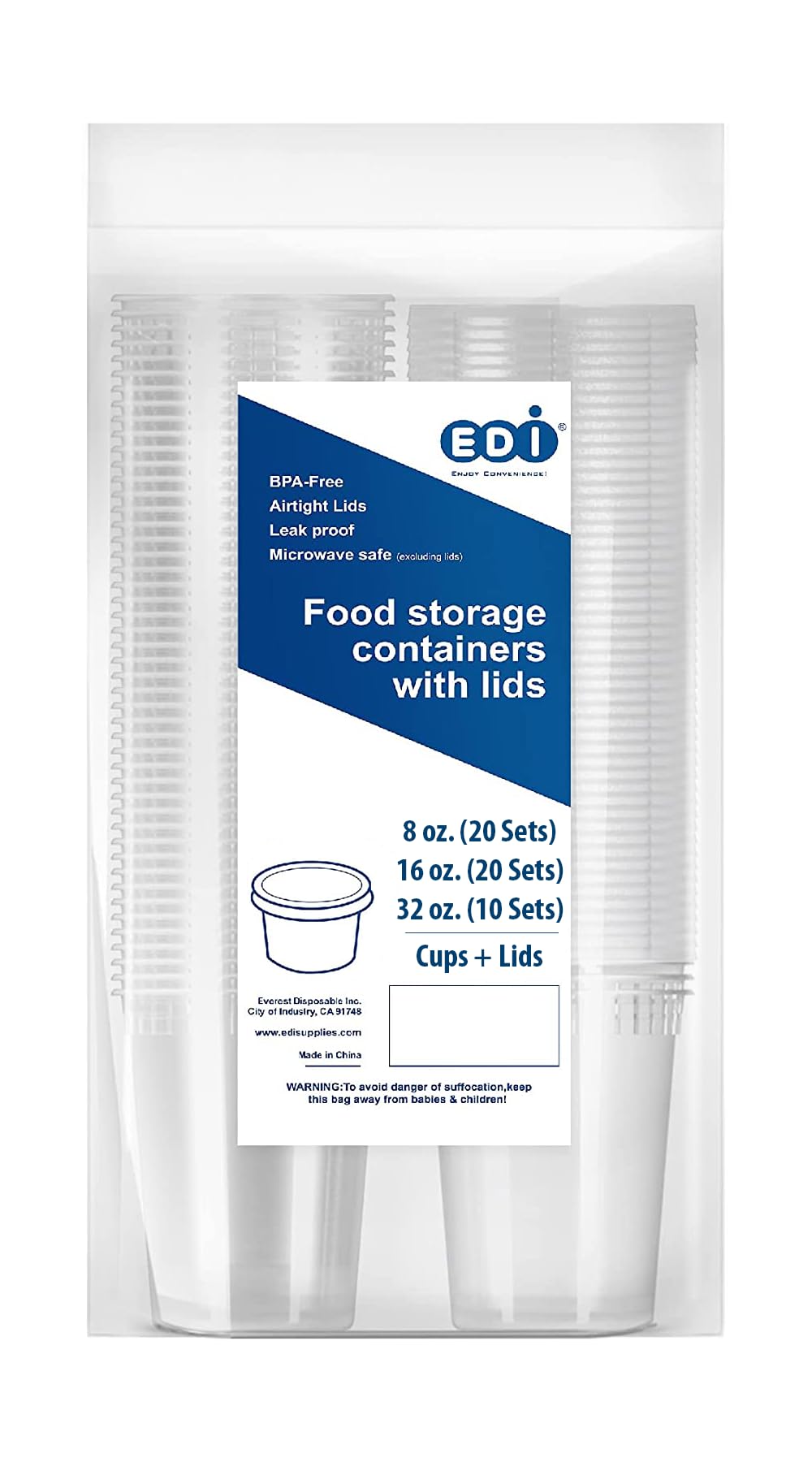 EDI [8 OZ (20 Sets), 16 OZ (20 Sets) and 32 OZ (10 Sets) Plastic Deli Food Storage Containers with Airtight Lids, Bundle