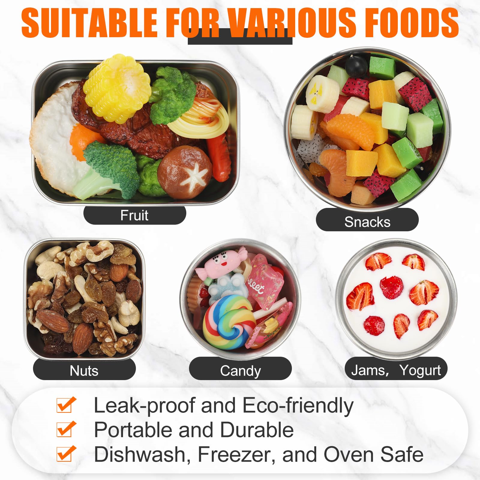 RimCereal 4 Pcs Stainless Steel Lunch Containers with Lids Metal Lunch Box Leakproof Salad Snack Containers for Kids