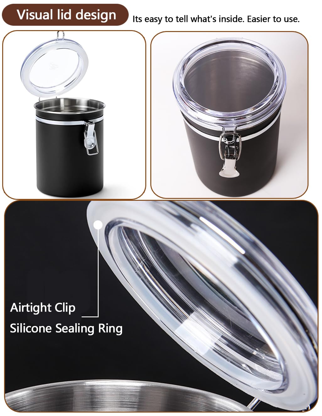 Walktosun Airtight Coffee Canister with Clear Lids, Large Container for Ground Coffee 1.8L/62 floz Stainless Steel Storage Container Jar for Coffee Bean, Cereal, tea, Flour, Sugar (Dark Black)