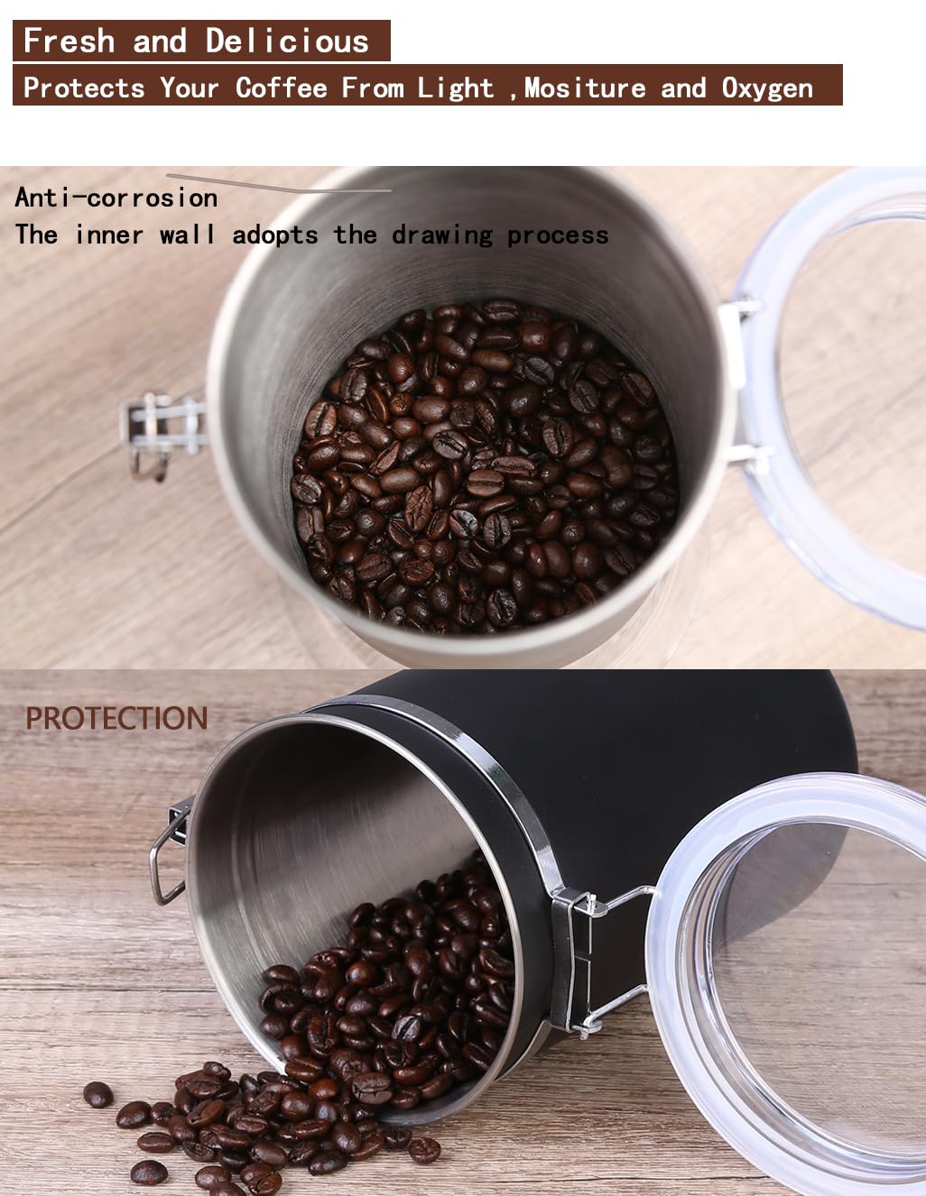 Walktosun Airtight Coffee Canister with Clear Lids, Large Container for Ground Coffee 1.8L/62 floz Stainless Steel Storage Container Jar for Coffee Bean, Cereal, tea, Flour, Sugar (Dark Black)