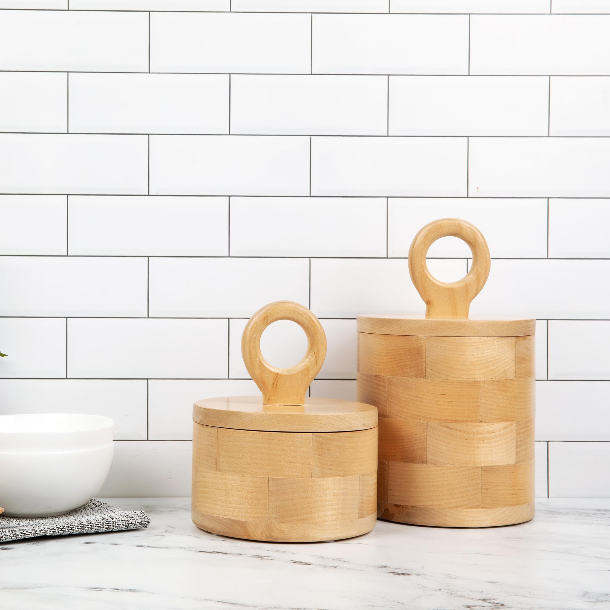 HILARI COLLECTIVE - Premium Designer Wood Canister with Lids - Set of 2 - Decorative Jars for Kitchen Decor, Dining Room and Pantry