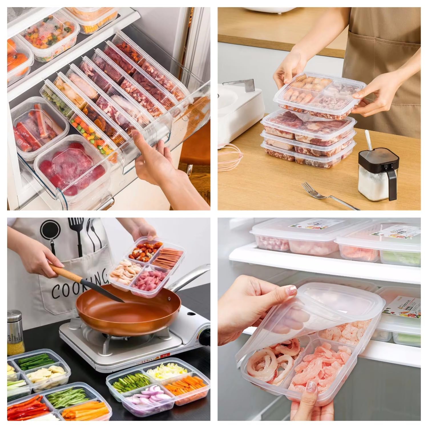 RHBLME 8 Pack Divided Food Storage Containers, Reusable 4 Compartment Food Container Food Storage Containers with lids, Multi Compartment Food Container for Storing Vegetables Meat Fish Fruits