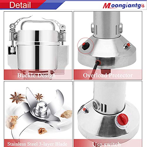 Moongiantgo Grain Mill Grinder Electric 300g Commercial Spice Grinder 1500W Stainless Steel Pulverizer Dry Grinder Grinding Machine (300g Upright, 110V)