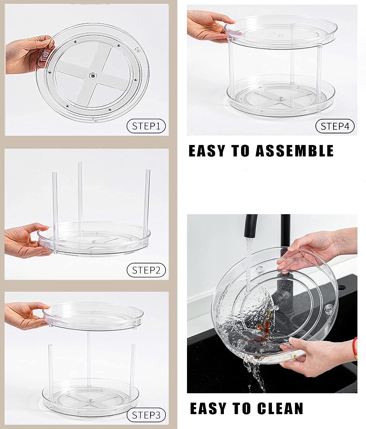 Amasses 2 Tier Clear Lazy Susan Organizer, 360 Degree Rotating Round Lazy Susan Turntable 9" Non-Skid Rotating Organization Storage Container for Kitchen, Cabinet, Pantry