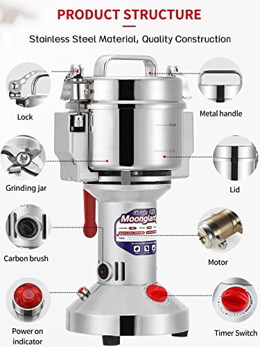 Moongiantgo Grain Mill Grinder Electric 300g Commercial Spice Grinder 1500W Stainless Steel Pulverizer Dry Grinder Grinding Machine (300g Upright, 110V)