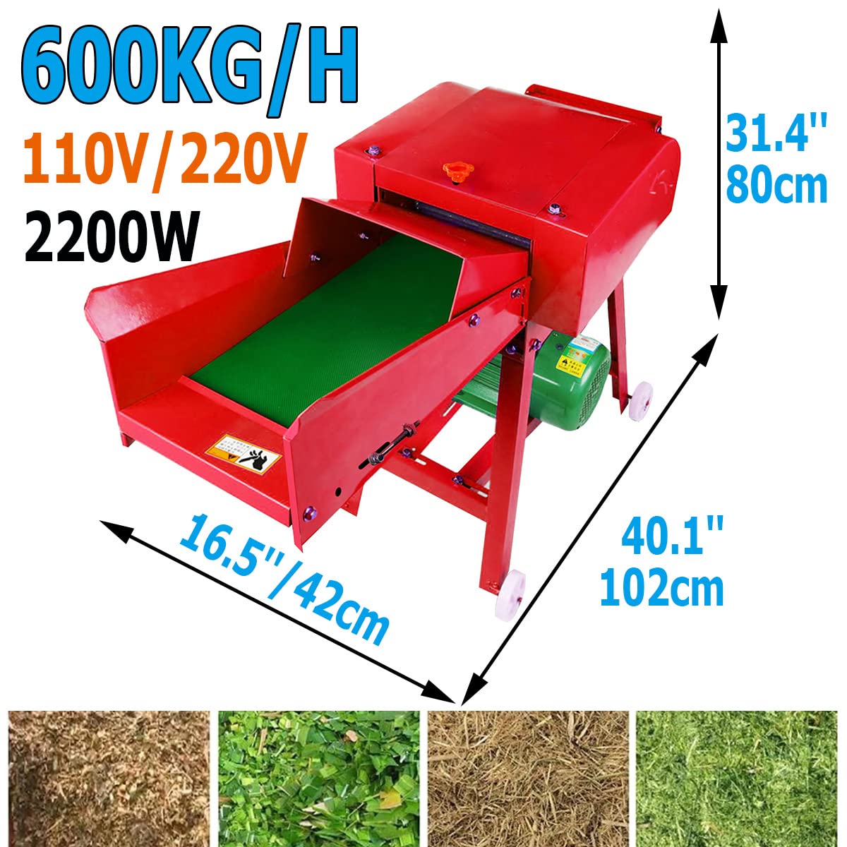 txmachine Hay Cutter Dry-Wet Hay Straw Cutter Forage Crop Crusher 2.2KW Cattle Sheep Feed Processing Machine for Corn Straw,Yellow Bamboo Straw with Motor 4 Blades (red, 220V/50HZ)