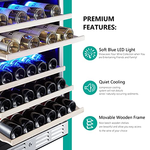 Kalamera 24'' Wine Cooler Refrigerator 46 Bottle Dual Zone Built-in or Freestanding Fridge with Stainless Steel & Triple-Layer Tempered Reversible Glass Door and Temperature Memory Function
