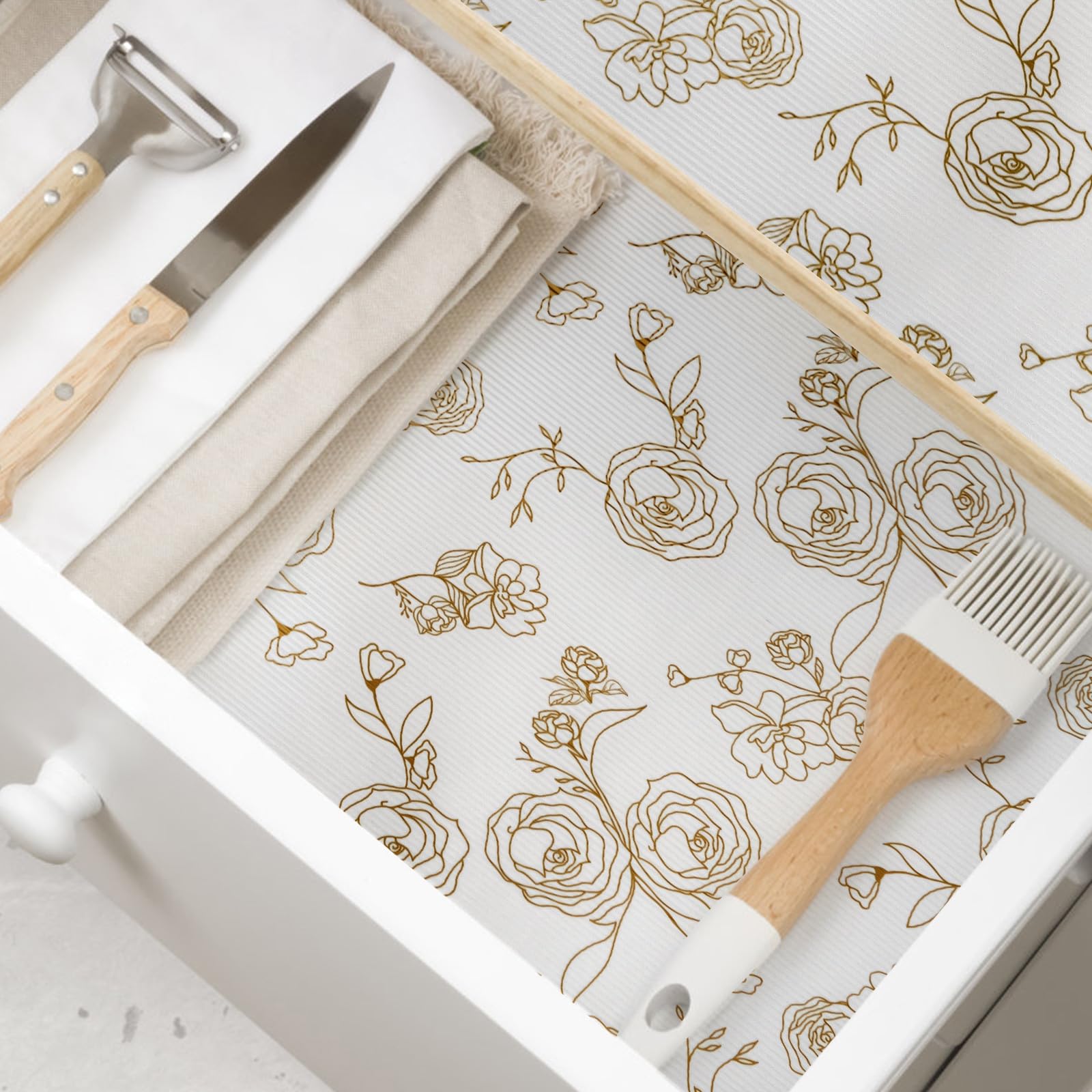 Shelf Cabinet Liner for Kitchen- Non Adhesive Drawer Liner Refrigerator Liner, Premium Waterproof Shelf Paper Protect Surface, Non Slip Easy to Clean Durable EVA Material, Gold Roses, 11.8 in x 10FT