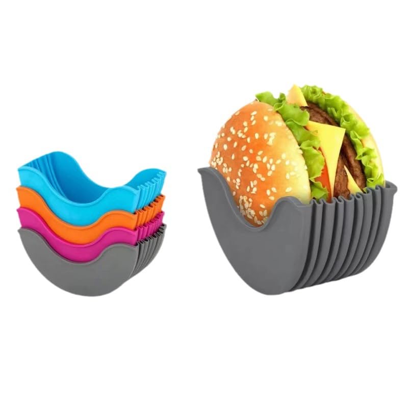 4 PCS Reusable Burger Holder Clip,Retractable Burger Fixed Box, Touch-Free Burger Clip, Retractable Adjustable Sandwich/Hamburger Holders for Burger Lovers the aged and Children, Food Grade Silicone