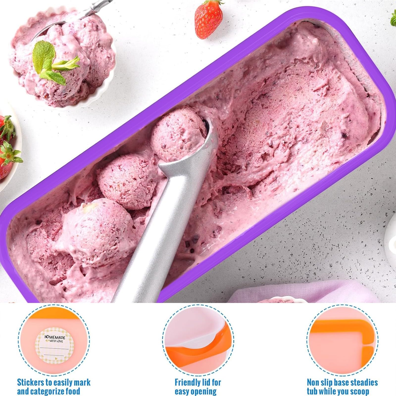 KisSealed 4 Pack Ice Cream Containers,Reusable Homemade Ice Cream Tubs,1.5 Qt Storage Freezer Ice Cream Container with Lids and Spoon for Yogurt, Sorbet, ect.