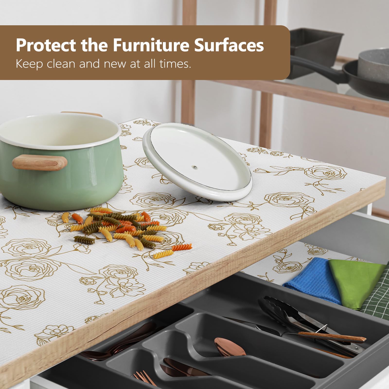 Shelf Cabinet Liner for Kitchen- Non Adhesive Drawer Liner Refrigerator Liner, Premium Waterproof Shelf Paper Protect Surface, Non Slip Easy to Clean Durable EVA Material, Gold Roses, 11.8 in x 10FT