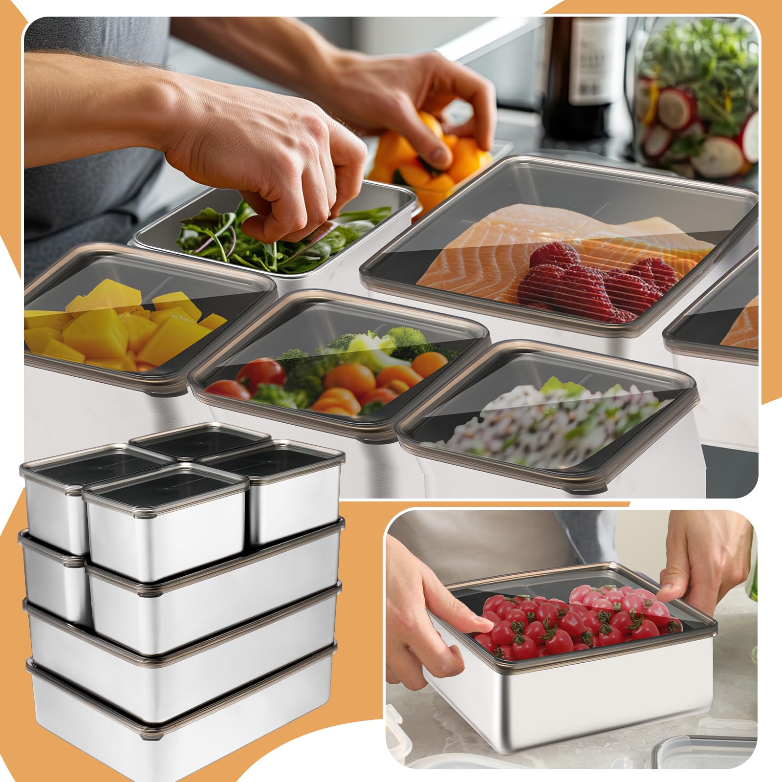 Willinglong 8 Pack Deli Meat Cheese Container for Fridge Increase Capacity Bacon Stainless Steel Containers with Lids Refrigerator Storage Dishwasher Safe