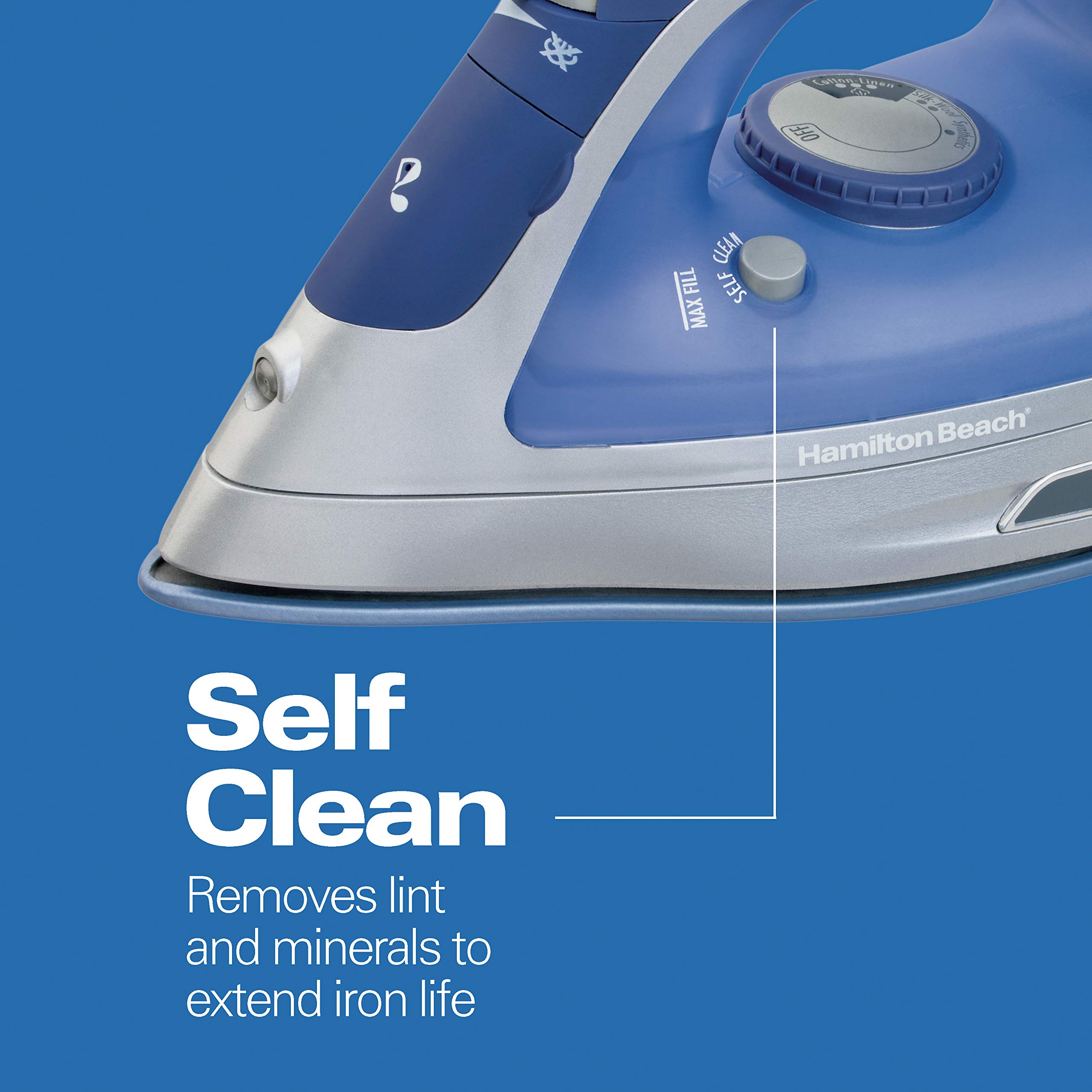Hamilton Beach Steam Iron & Vertical Steamer for Clothes with Scratch-Resistant Durathon Soleplate, 8' Retractable Cord, 3-Way Auto Shutoff, Anti-Drip, Self-Cleaning, 1500 Watts, Blue
