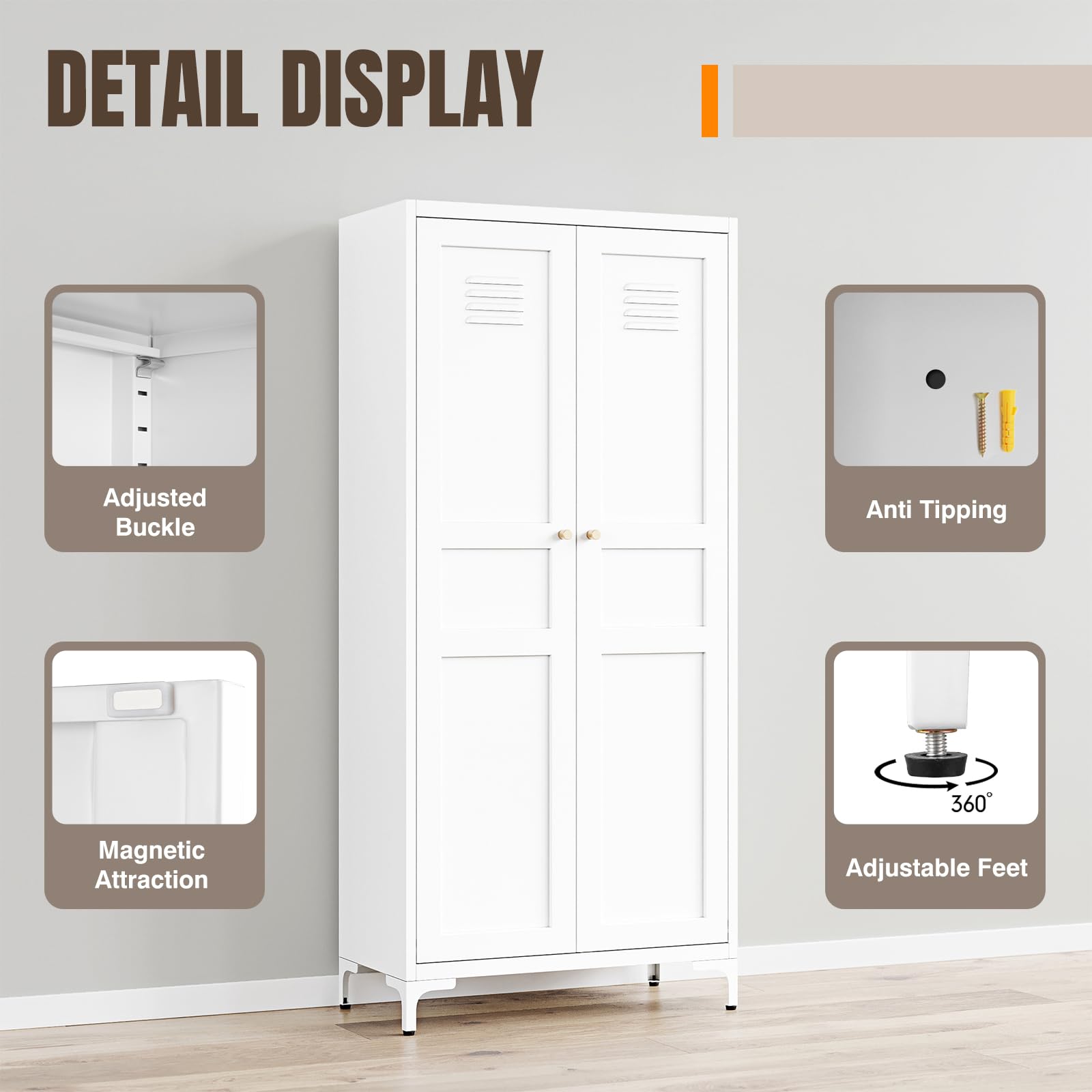 Yizosh Metal Storage Cabinet with 2 Doors and 4 Adjustable Shelves - 61" White Kitchen Pantry Storage Cabinet, 5-Tier Tall Steel Cabinet Locker for Kitchen, Living Room, Dining Room