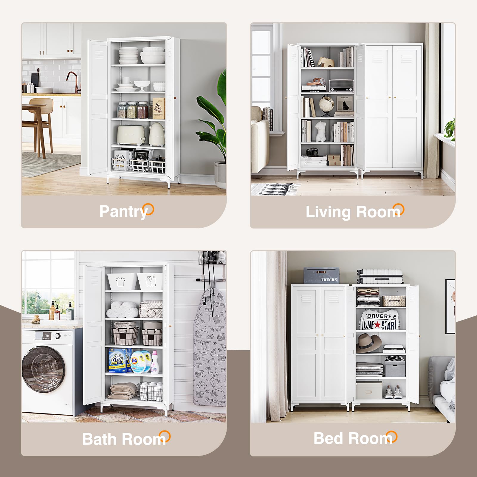 Yizosh Metal Storage Cabinet with 2 Doors and 4 Adjustable Shelves - 61" White Kitchen Pantry Storage Cabinet, 5-Tier Tall Steel Cabinet Locker for Kitchen, Living Room, Dining Room