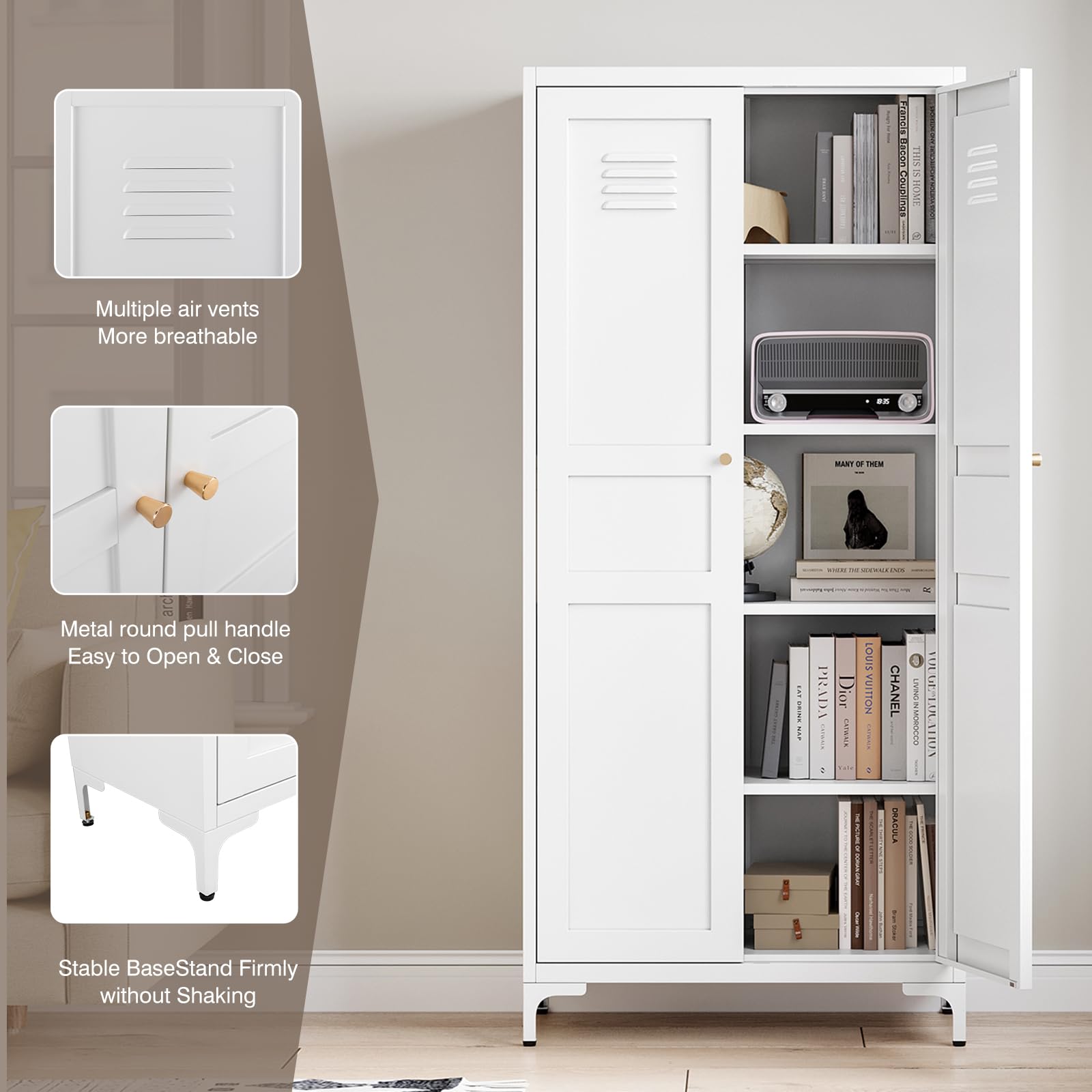 Yizosh Metal Storage Cabinet with 2 Doors and 4 Adjustable Shelves - 61" White Kitchen Pantry Storage Cabinet, 5-Tier Tall Steel Cabinet Locker for Kitchen, Living Room, Dining Room