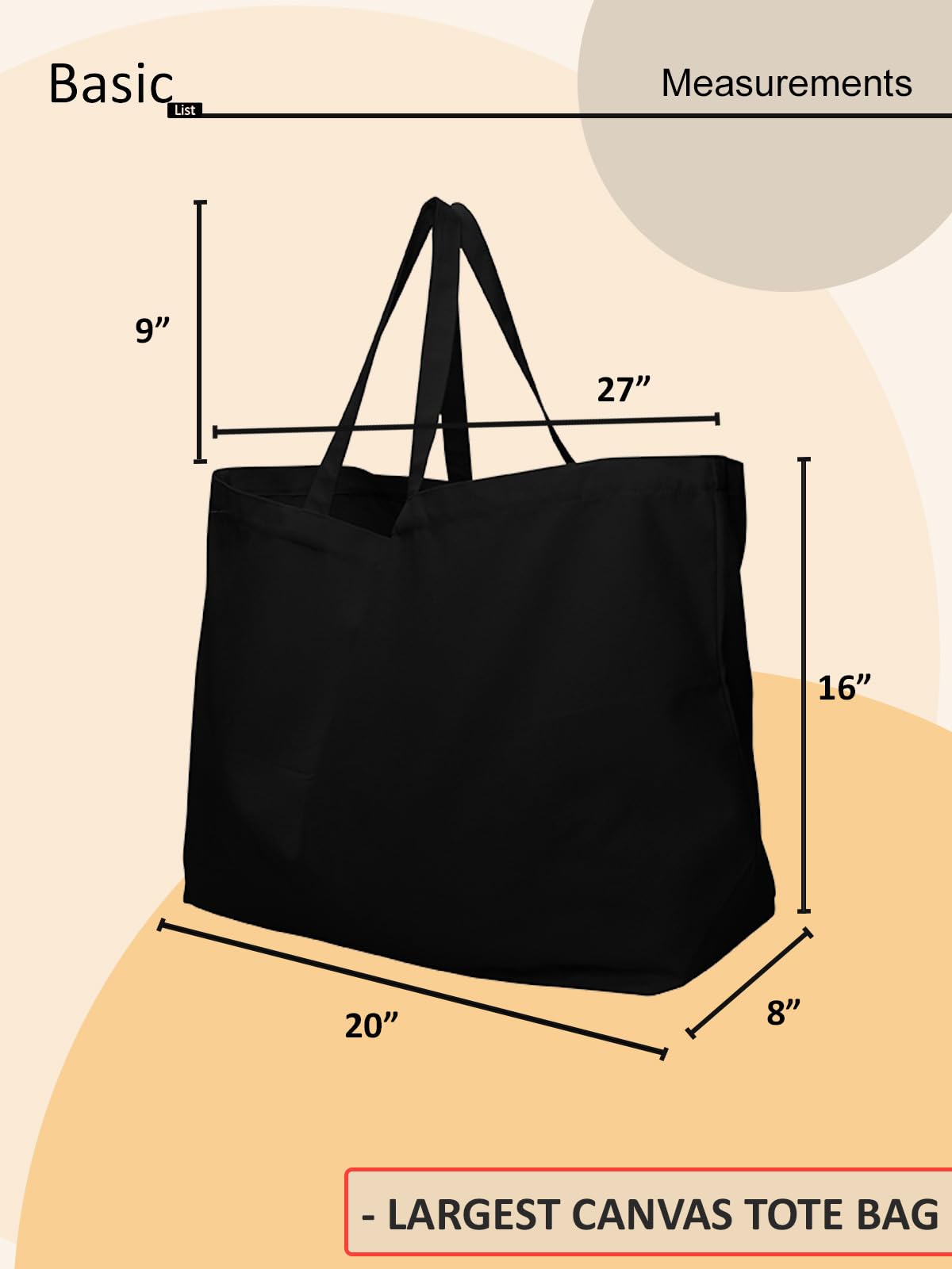 27" Large Canvas Tote Bag - Extra Big Largest Grocery Shopping Beach Reusable Totes Bags Vacation Plain Solid 27" X 16" X 8" (Black)