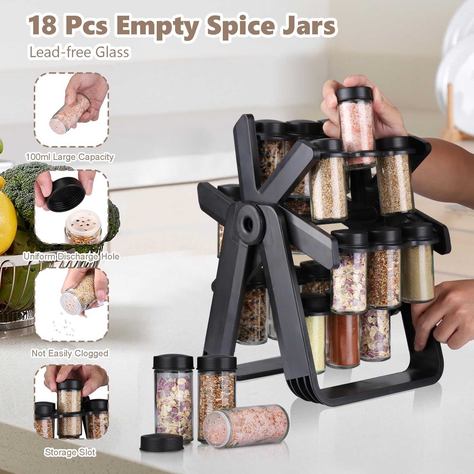 Bvdfgk Ferris Wheel Spice Rack Organizer - 18 Pcs Rotating Spice Rack with Empty Glass Jars and Round Labels, Kitchen Countertop Revolving Seasoning Organization with Funnel