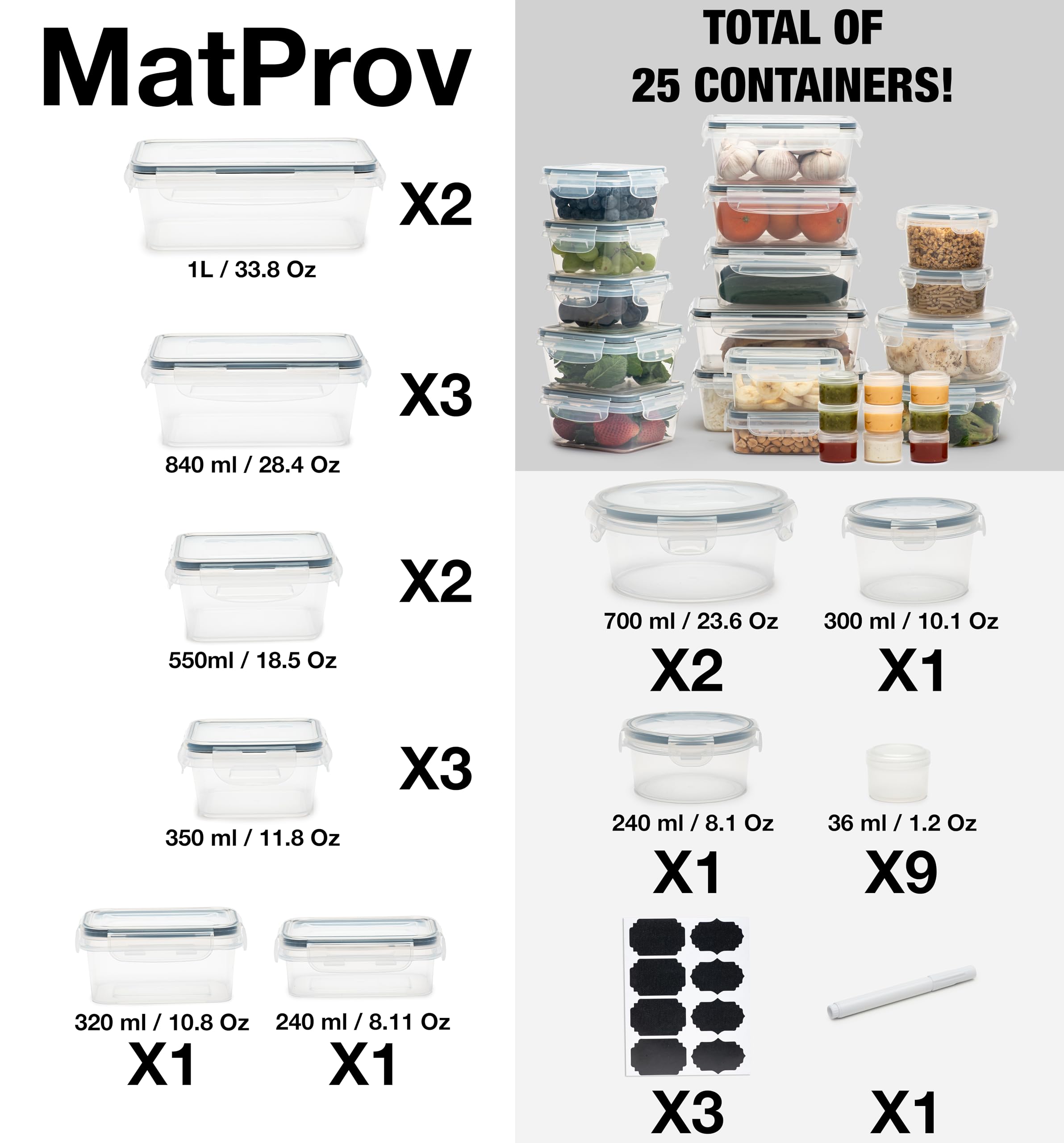MatProv 50 PCS Food Storage Containers with Lids (25 Containers & 25 Lids), Reusable, Airtight, BPA-Free, Stackable, for Kitchen & Pantry organization, Meal Prep, lunch prep, Freezer & Microwave Safe