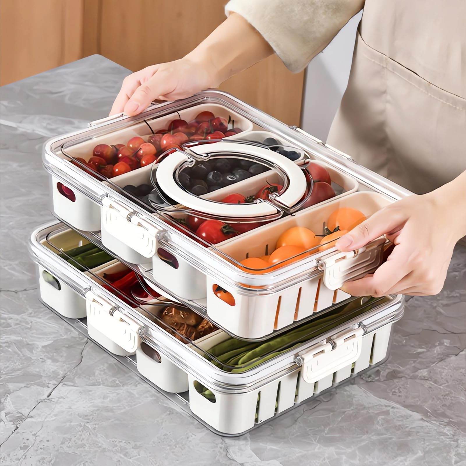 1PC Fruit Storage Containers for Fridge Keep Fresh - Divided Serving Tray with Lid and Handle - Portable Picnic Parties Snackle Box Veggie Tray - Berry Candy Food Snack Organizer Travel (1PC-M)