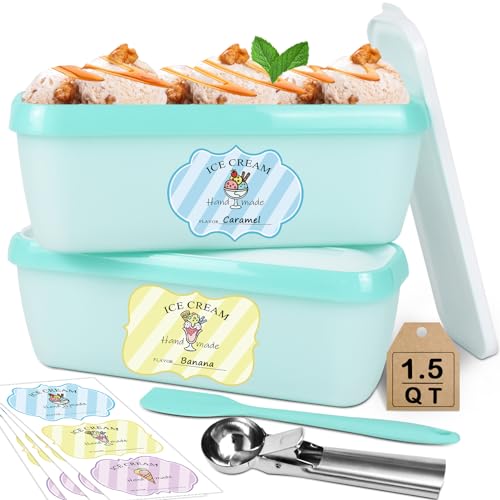 Artcome Set of 2 Ice Cream Tub Containers 1.5 Quart Ea. - Freezer Storage Tubs with Writable Labels - Double Insulation Design - Ideal for Sorbet, Ice Cream, Frozen Jelly & Frozen Yogurt - Mint Green