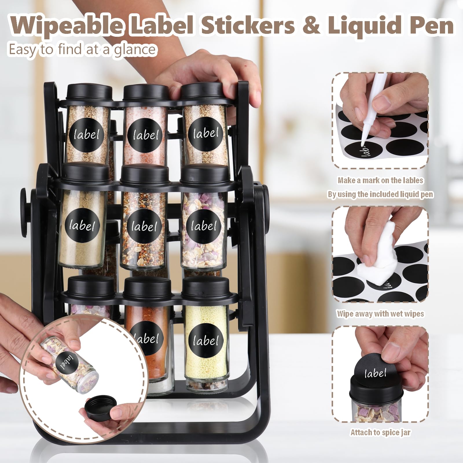 Bvdfgk Ferris Wheel Spice Rack Organizer - 18 Pcs Rotating Spice Rack with Empty Glass Jars and Round Labels, Kitchen Countertop Revolving Seasoning Organization with Funnel