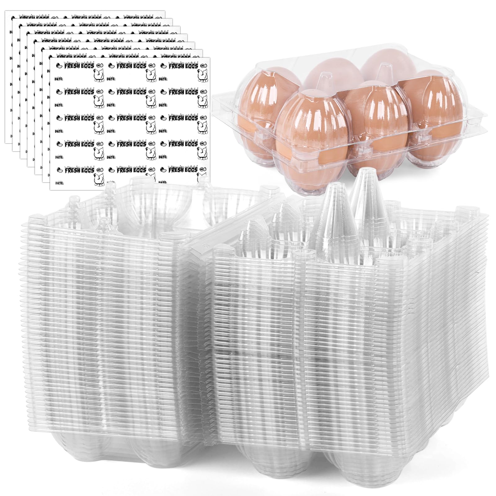 HAKSEN 100PCS Plastic Egg Cartons, Clear Egg Holders with Labels Egg Cartons Cheap Bulk for Home Ranch Chicken Farm Market Display, 6-cavity
