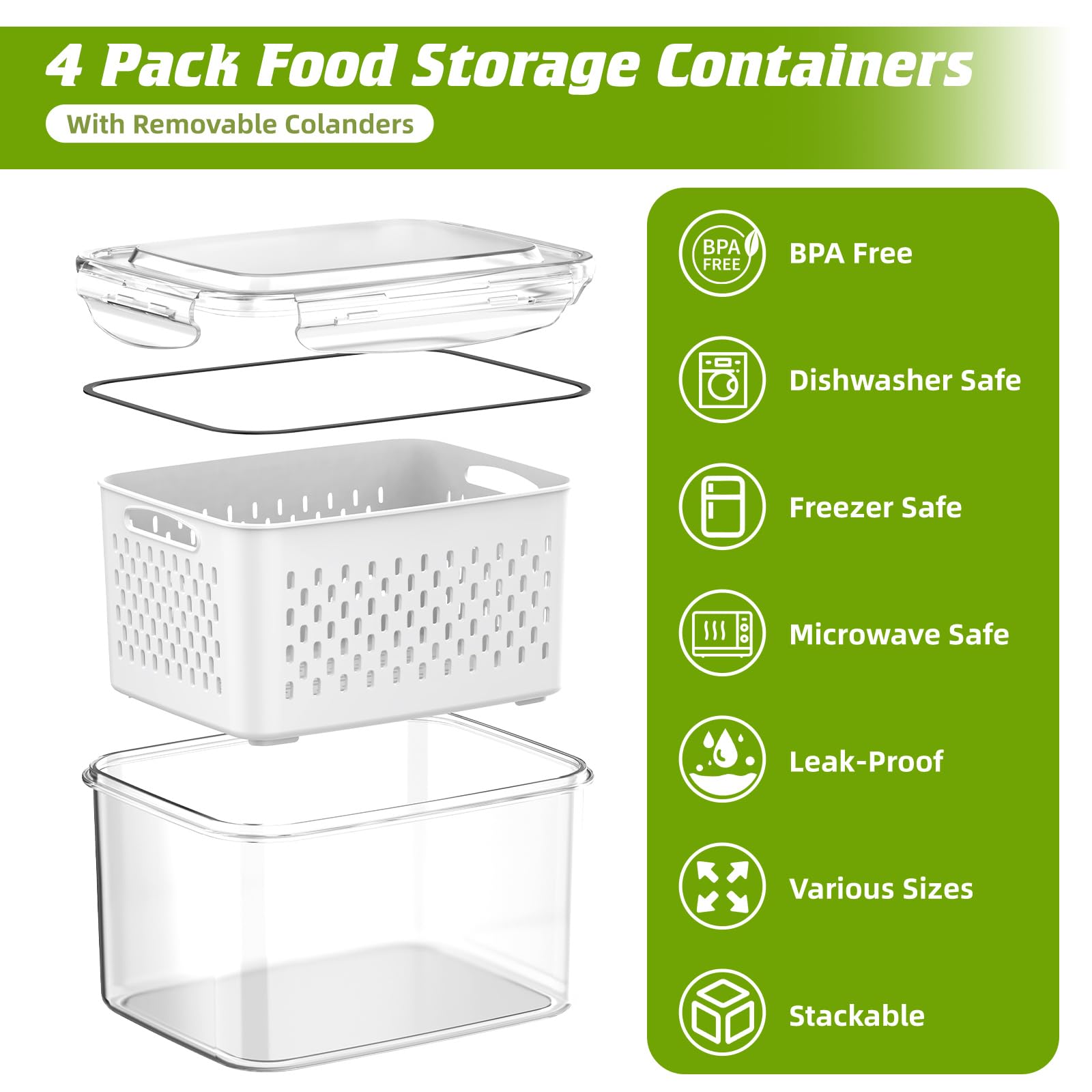 HILETY 4 PCS Fruit Storage Containers for Fridge with Removable Colander, Dishwasher Safe Produce Saver Container for Refrigerator,Airtight Food Storage Container