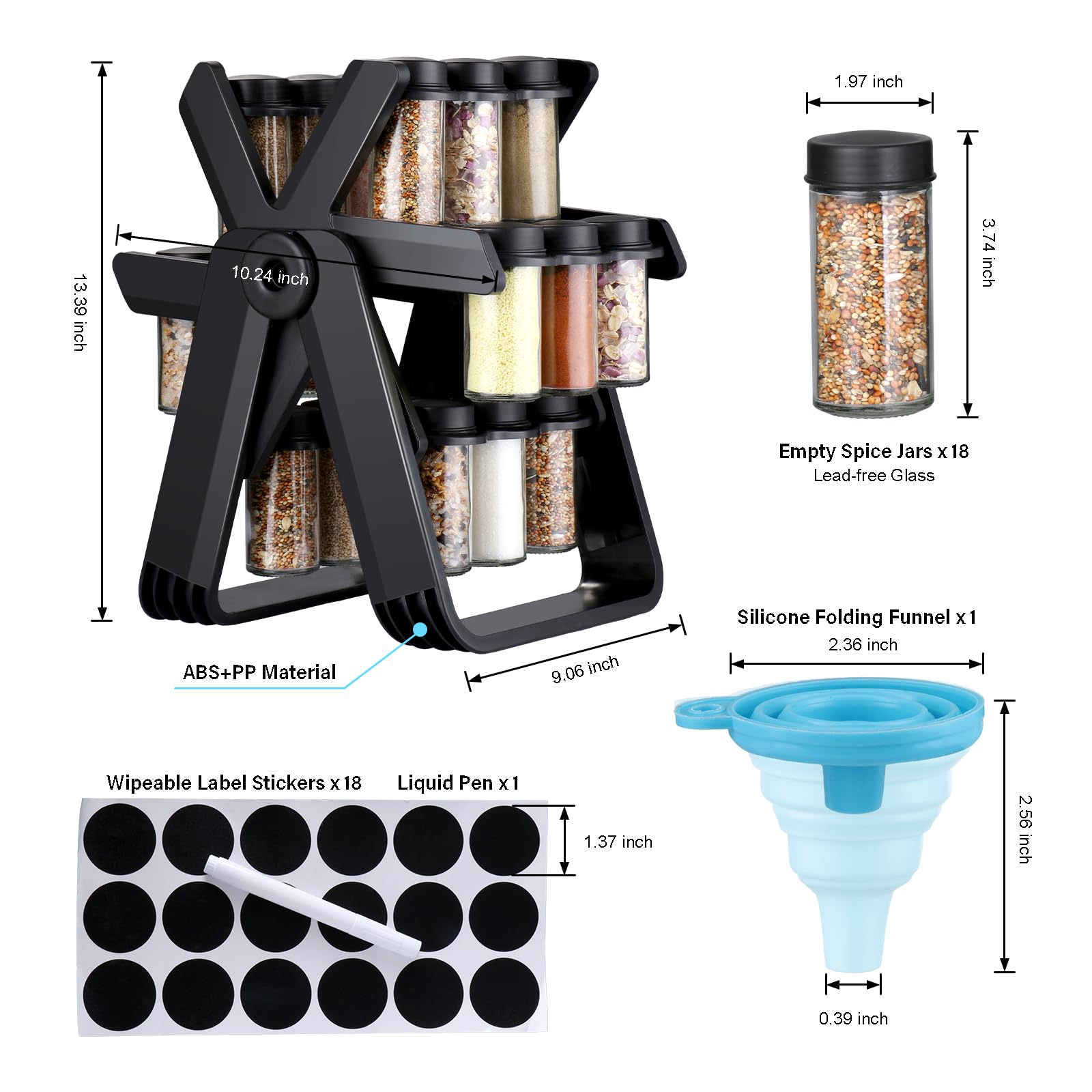 Bvdfgk Ferris Wheel Spice Rack Organizer - 18 Pcs Rotating Spice Rack with Empty Glass Jars and Round Labels, Kitchen Countertop Revolving Seasoning Organization with Funnel