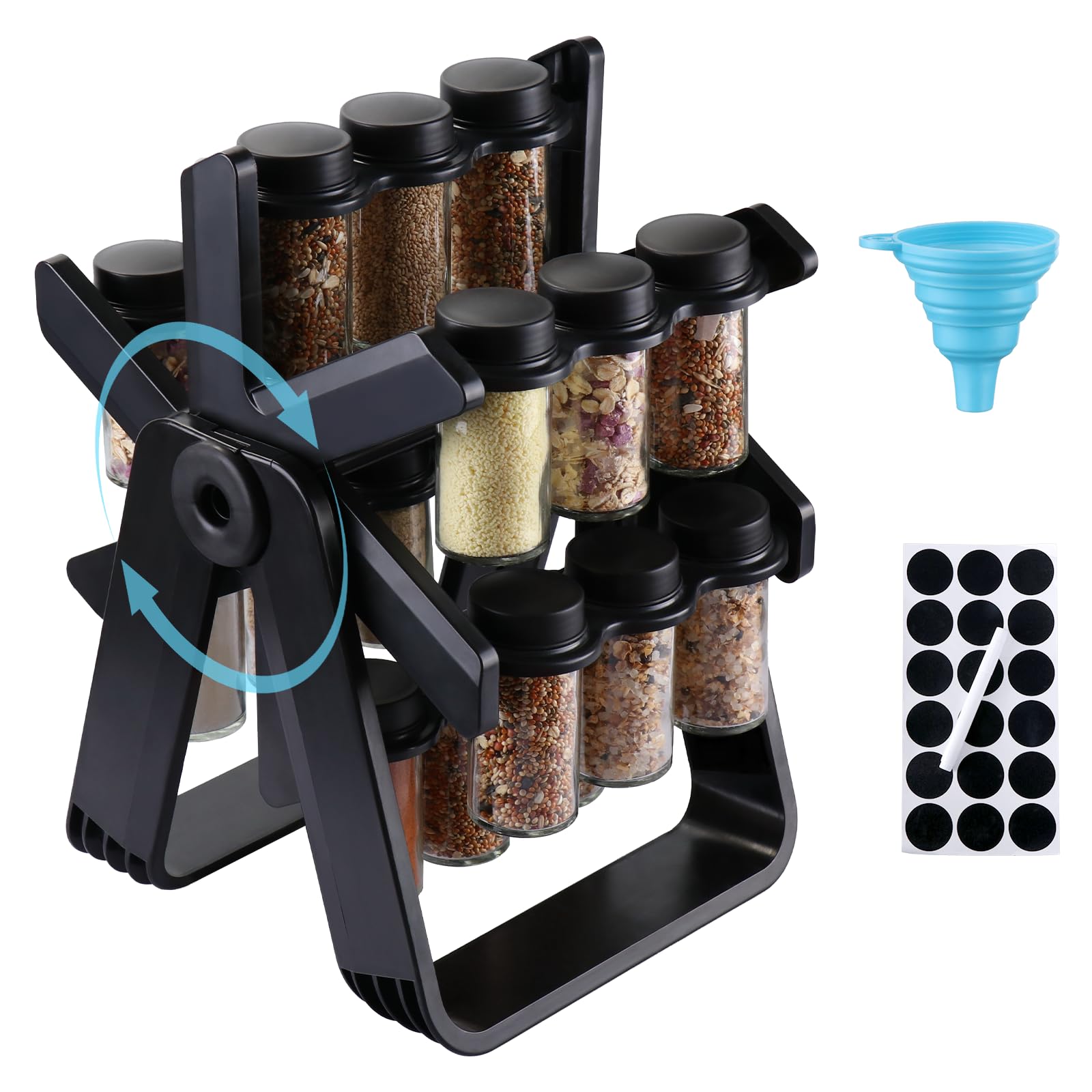 Bvdfgk Ferris Wheel Spice Rack Organizer - 18 Pcs Rotating Spice Rack with Empty Glass Jars and Round Labels, Kitchen Countertop Revolving Seasoning Organization with Funnel