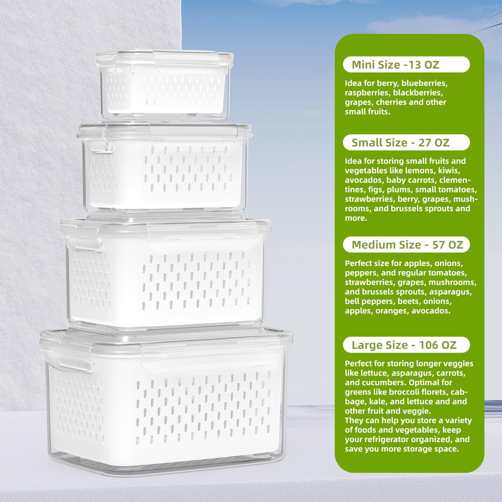 HILETY 4 PCS Fruit Storage Containers for Fridge with Removable Colander, Dishwasher Safe Produce Saver Container for Refrigerator,Airtight Food Storage Container