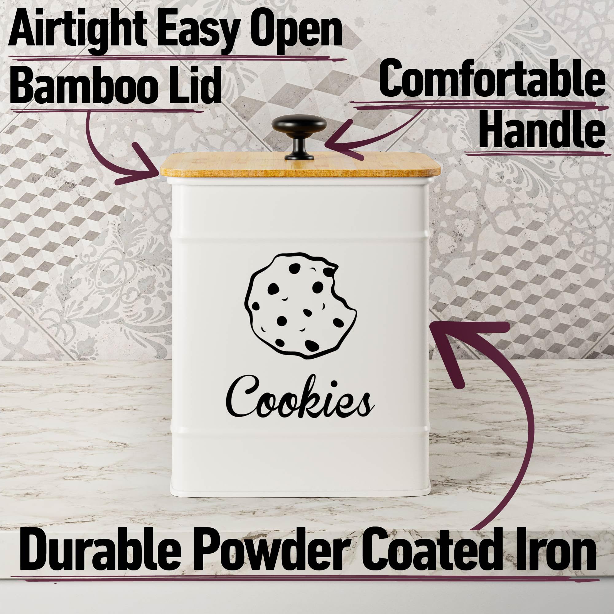 Cookie Jar with Airtight Lid - 1 Gallon - 6"D x 8"H White Iron Cookie Tin with Bamboo Lid - Large Cookie Jars with Lids Airtight - Farmhouse Cookie Jars for Kitchen Counter Decorative - Cookies Jar