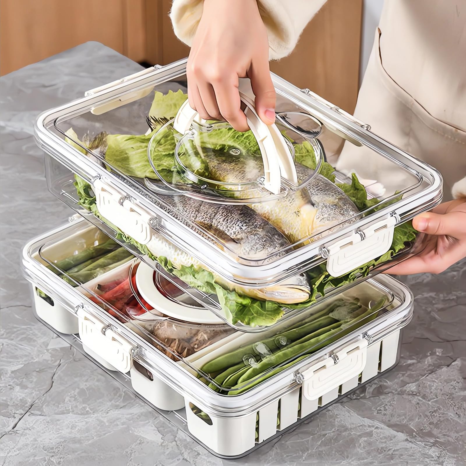 1PC Fruit Storage Containers for Fridge Keep Fresh - Divided Serving Tray with Lid and Handle - Portable Picnic Parties Snackle Box Veggie Tray - Berry Candy Food Snack Organizer Travel (1PC-M)