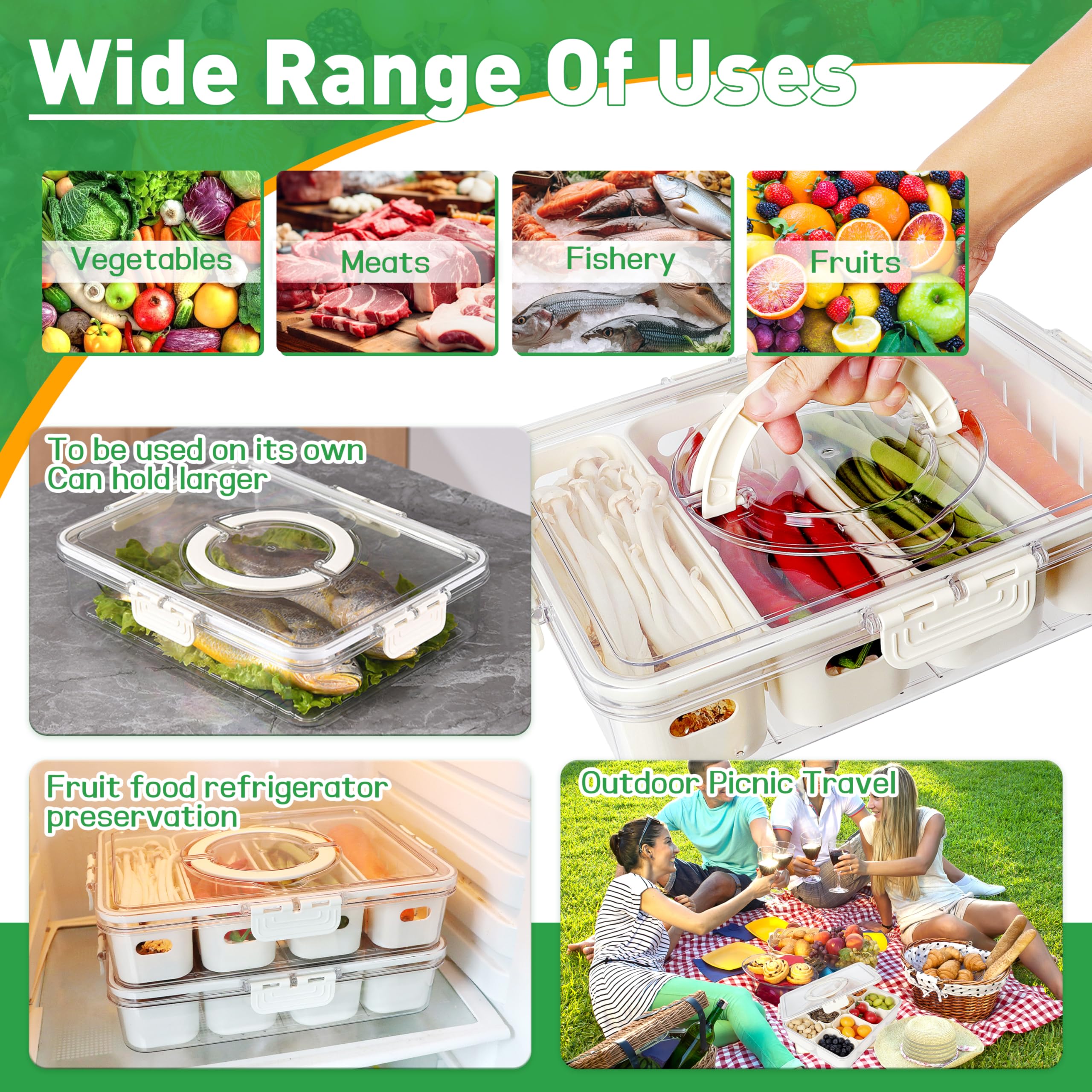 LOTOFUN Divided Serving Tray Container with Lid: Snackle Box Container Storage Organizer for Adults Snacks Fruits Vegetable Food for Fridge Kitchen Travel 4 Compartments