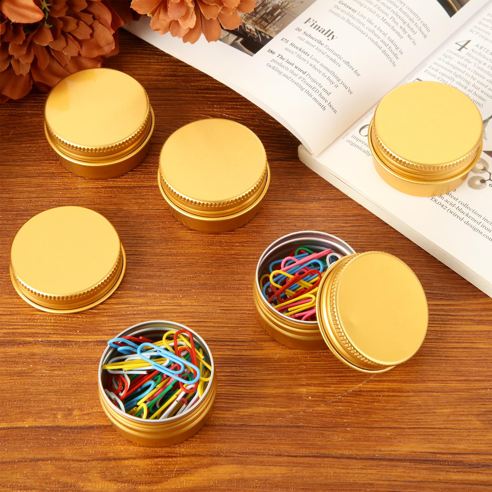 LDXDRU 60 Pack 1oz Metal Tin Cans, Round Small Tins with Lids, Tin Containers With Lids for Candles Salve Cosmetic Lip Balm Candies Food Storage, Golden