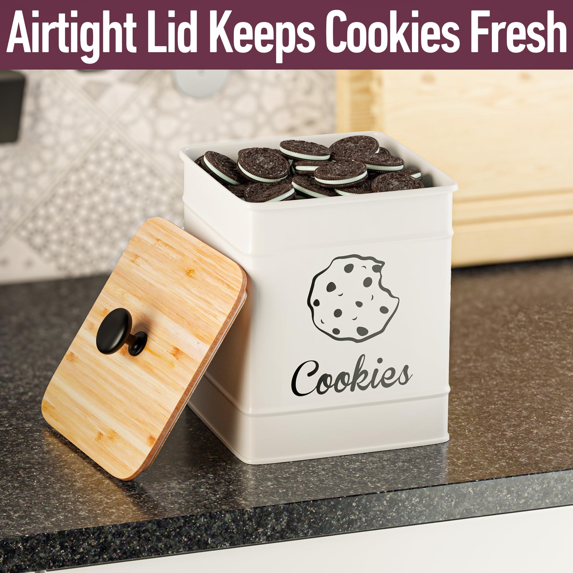 Cookie Jar with Airtight Lid - 1 Gallon - 6"D x 8"H White Iron Cookie Tin with Bamboo Lid - Large Cookie Jars with Lids Airtight - Farmhouse Cookie Jars for Kitchen Counter Decorative - Cookies Jar